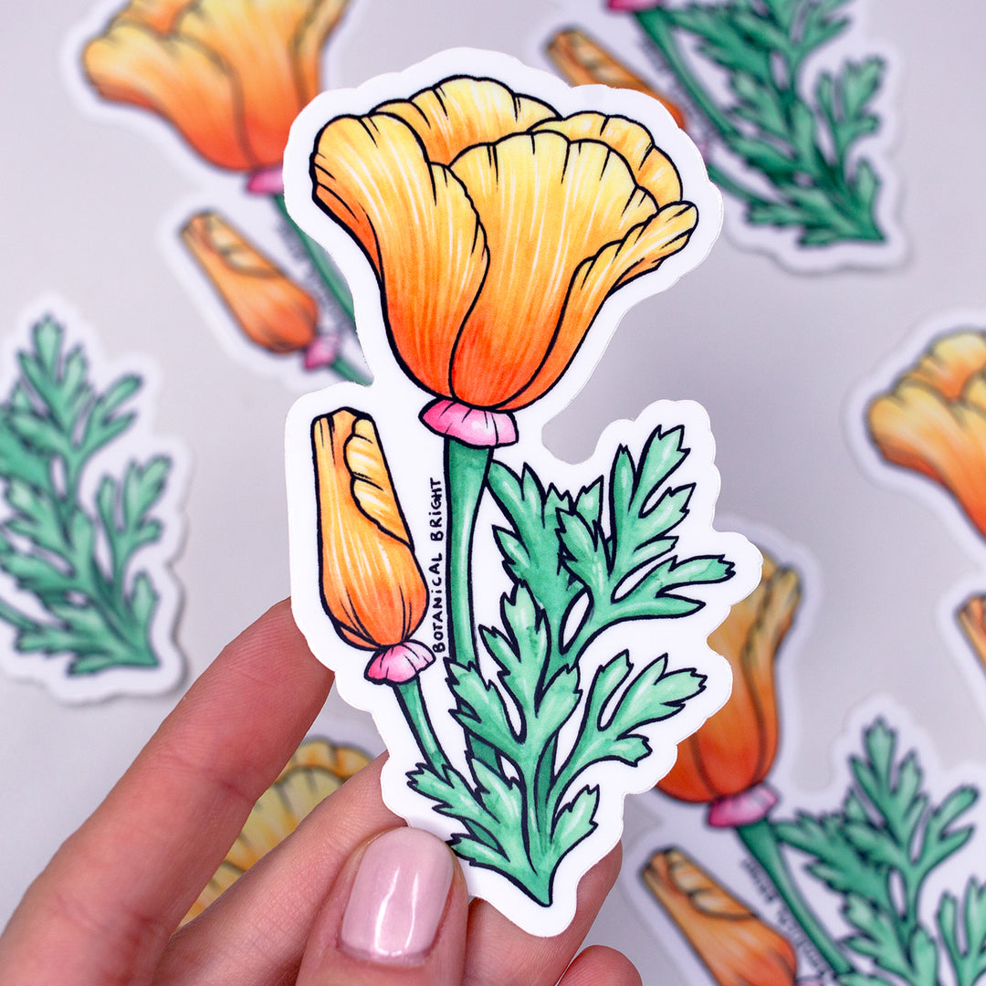 California Poppy Flower Waterproof Vinyl Sticker – Botanical Bright